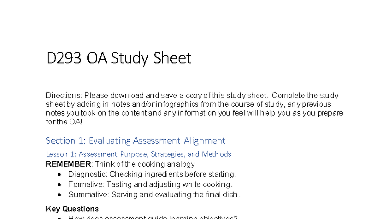 D293 OA Study Sheet: Assessment Alignment & Learning Analytics - Studocu