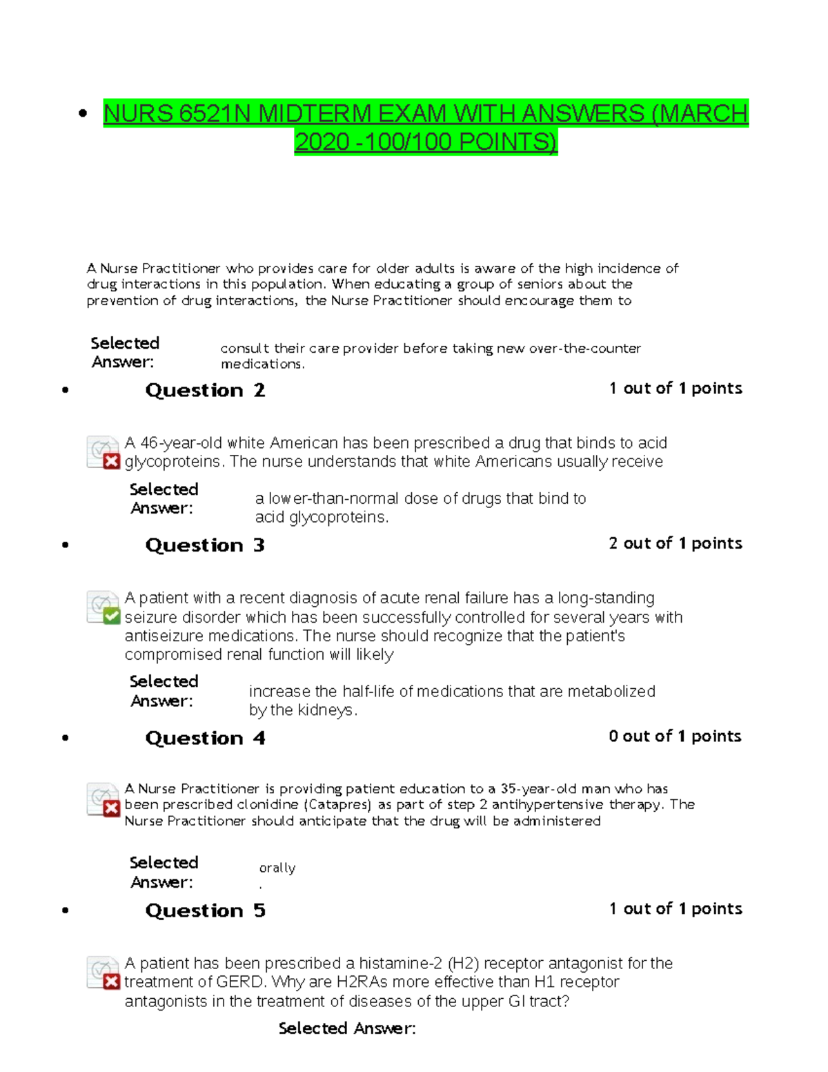 NURS6521 Midterm Exam Answers & Review (March 2020, 100/100 Points ...