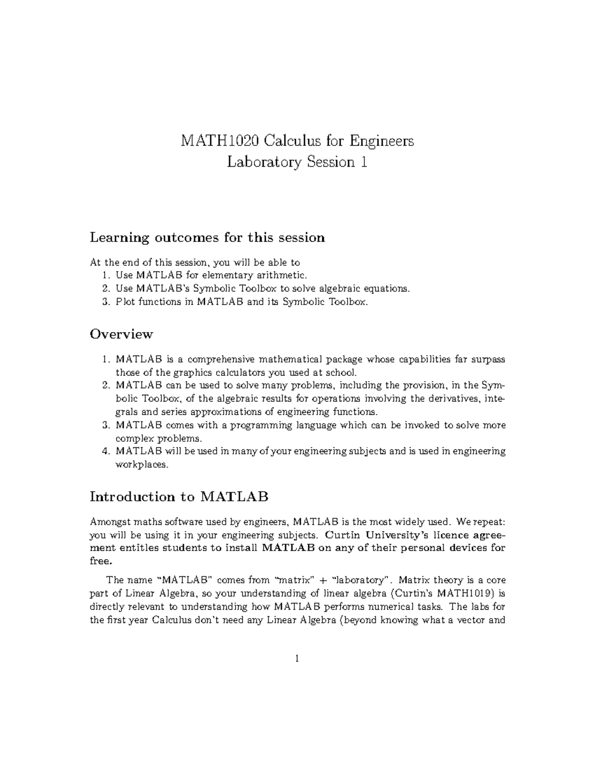 MATH1020 Lab 1 - Introduction to MATLAB & Symbolic Toolbox - Studocu