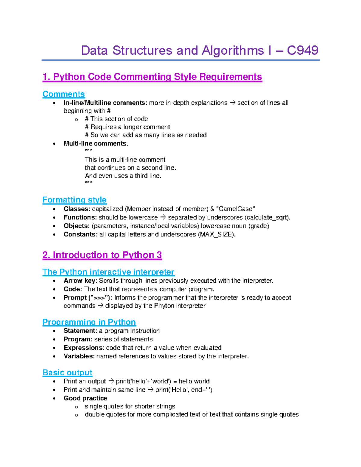 Data Structures and Algorithms I (C949) - Python Coding Essentials ...