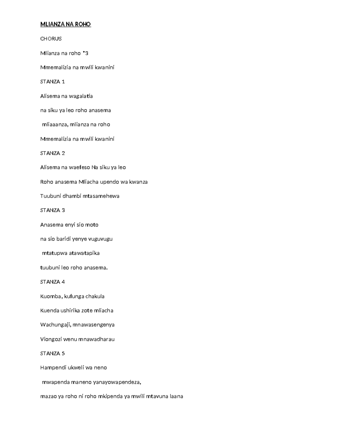 MLIANZA NA ROHO: Lyrics Analysis and Reflection - Studocu