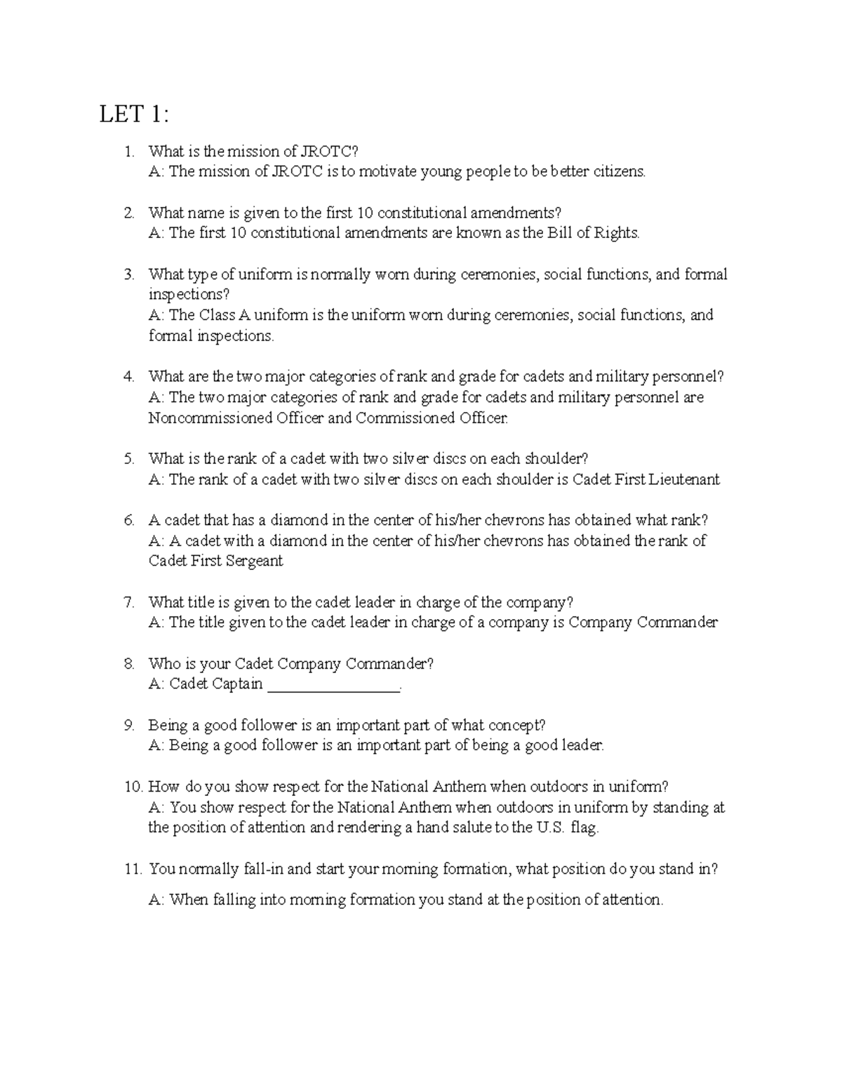 JROTC LET 1 Promotion Board Questions and Answers Guide - Studocu