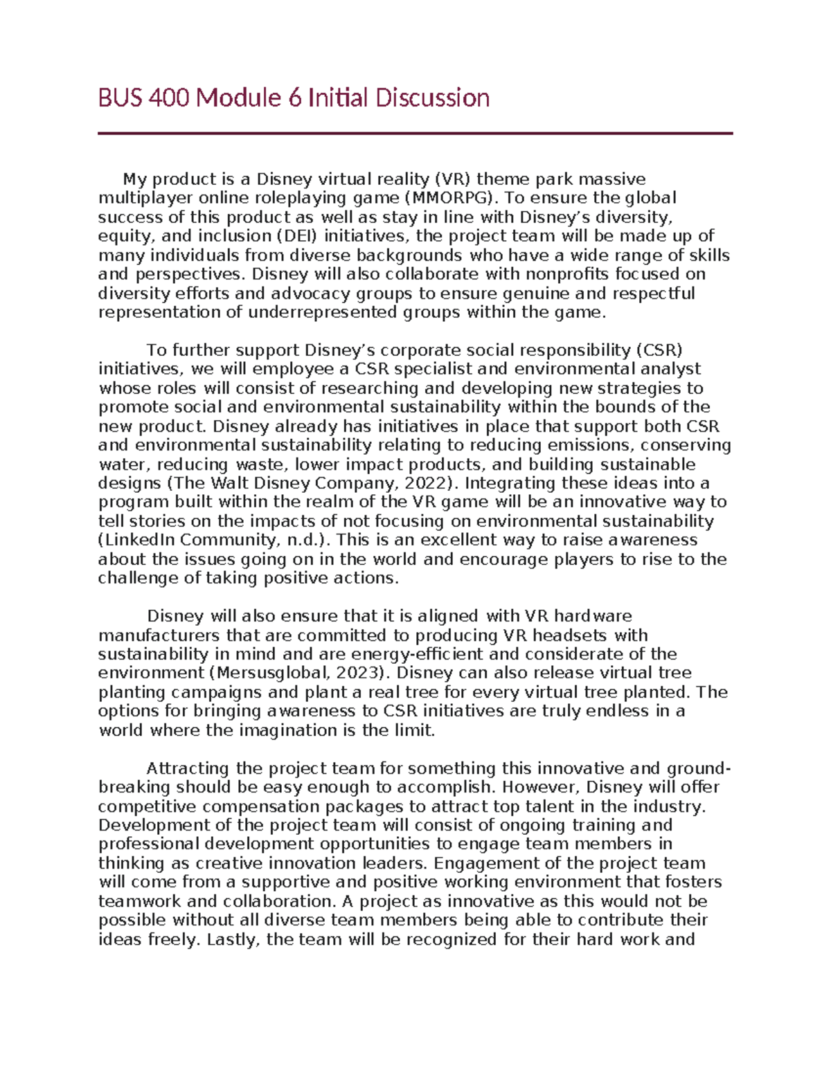 BUS 400 Module 6 Discussion Notes on VR and CSR Initiatives - Studocu