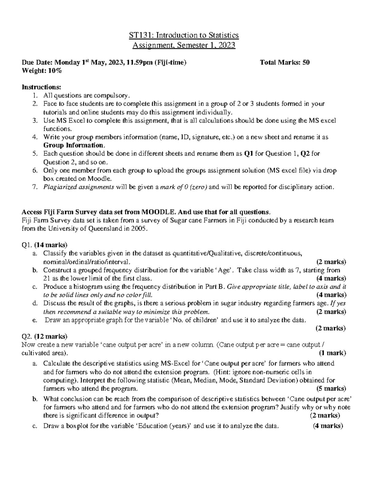 ST131 Assignment S1 2023: Introductory Statistics Tasks & Guidelines ...