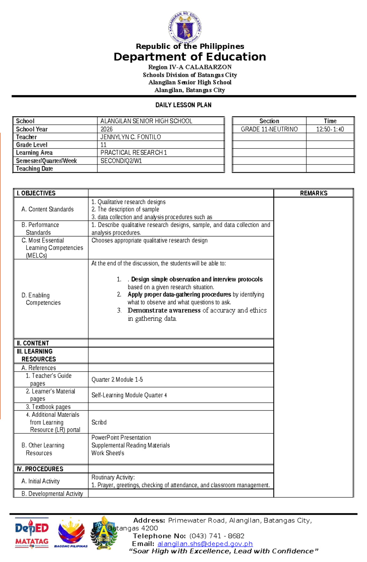 PR 1 D5W1 - Daily Lesson Plan for Practical Research 1 - Studocu