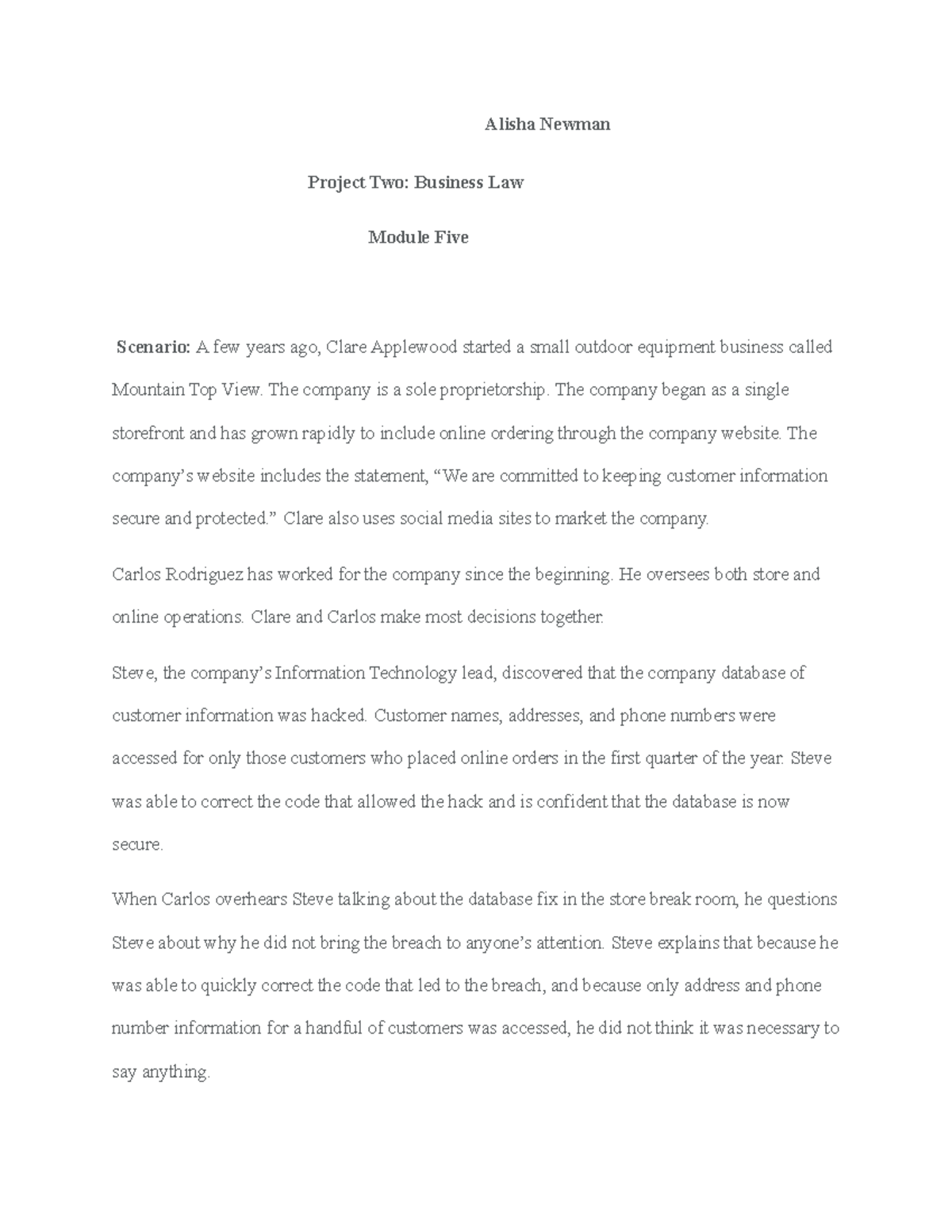 Project 2- Business Law - Alisha Newman Project Two: Business Law ...