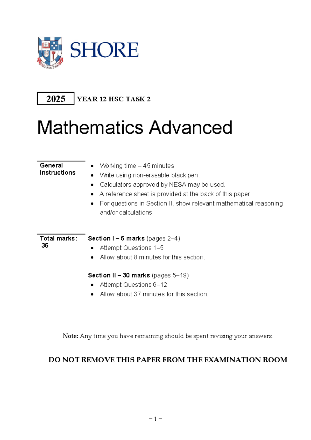 2025 YEAR 12 HSC TASK 2 Mathematics Advanced Exam Instructions - Studocu
