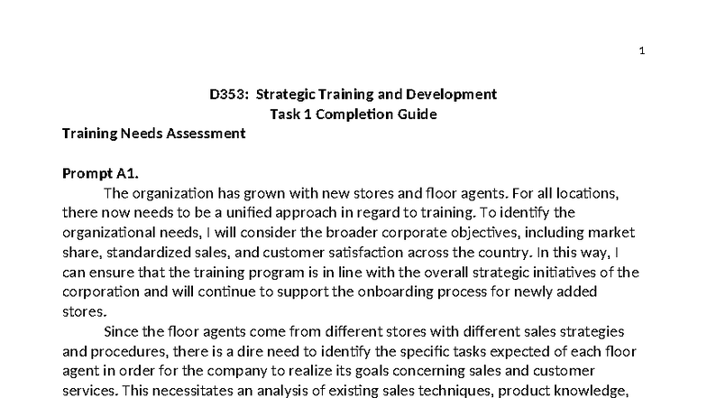 D353: Strategic Training & Development Task 1 Guide on Training Needs ...