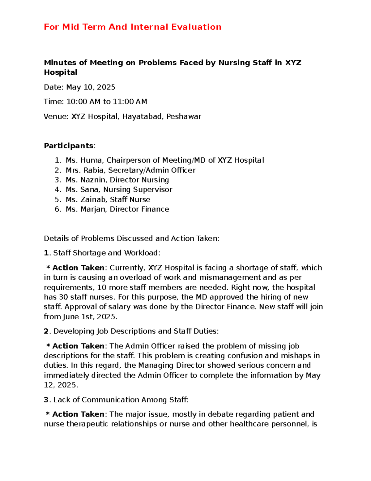 Midterm Meeting Minutes: Challenges Faced by Nursing Staff at XYZ ...