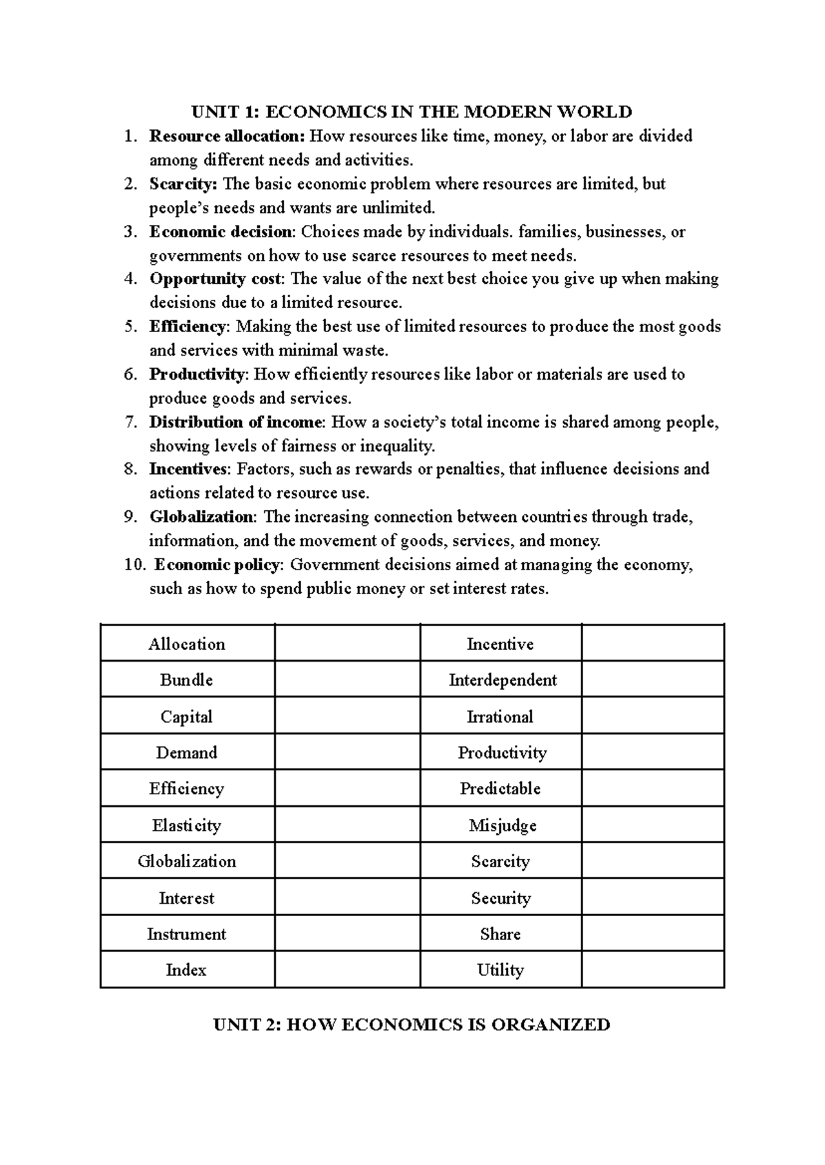 UNIT 1: ECONOMICS IN THE MODERN WORLD - Key Concepts and Terms - Studocu