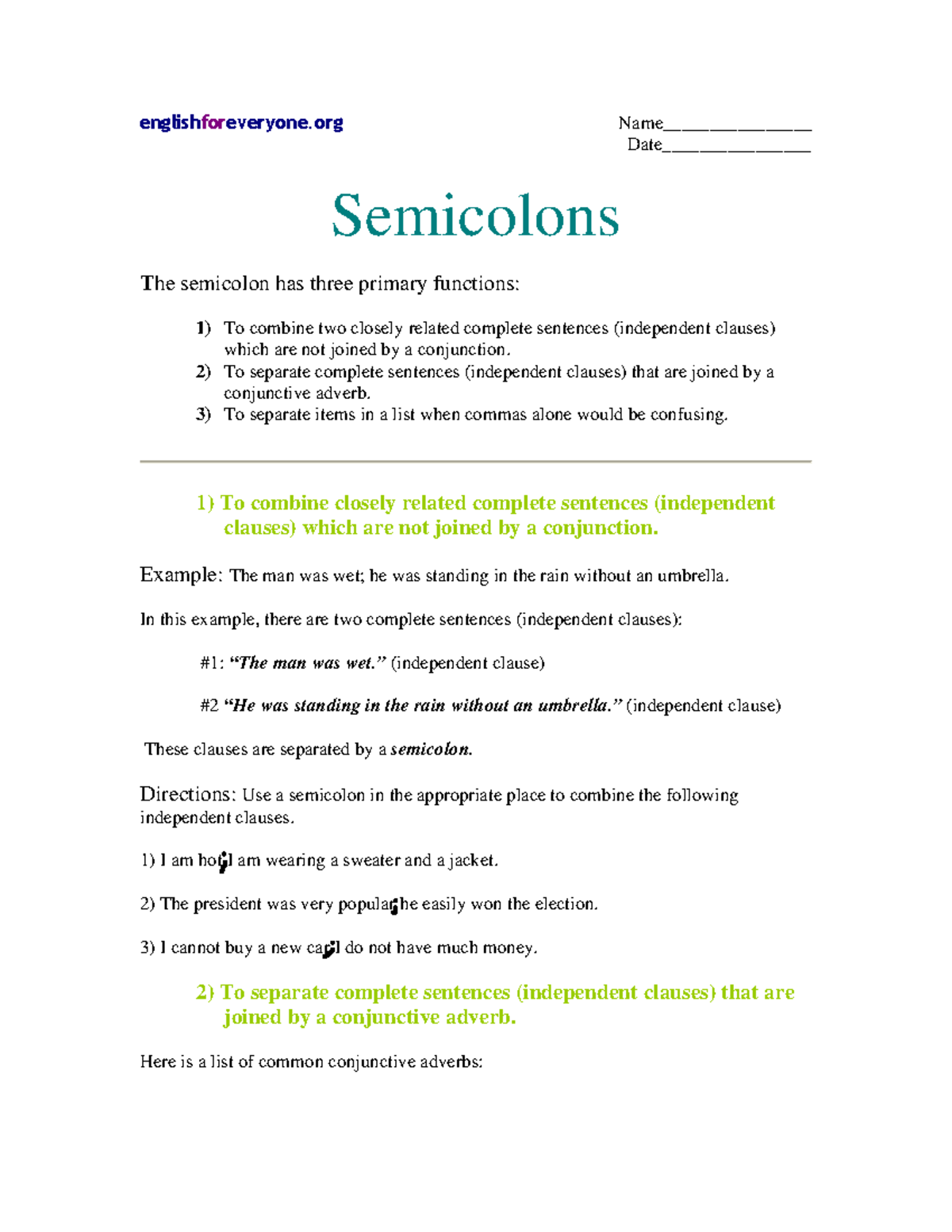 Semicolons: Functions and Usage - English 101 - Studocu