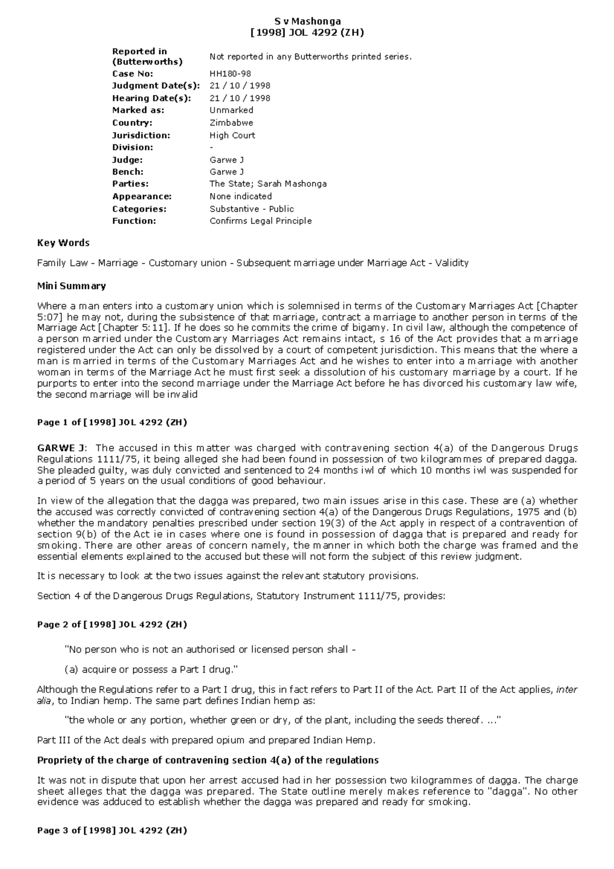 S v Mashonga [1998] JOL 4292 (ZH): Legal Principles & Bigamy Case ...