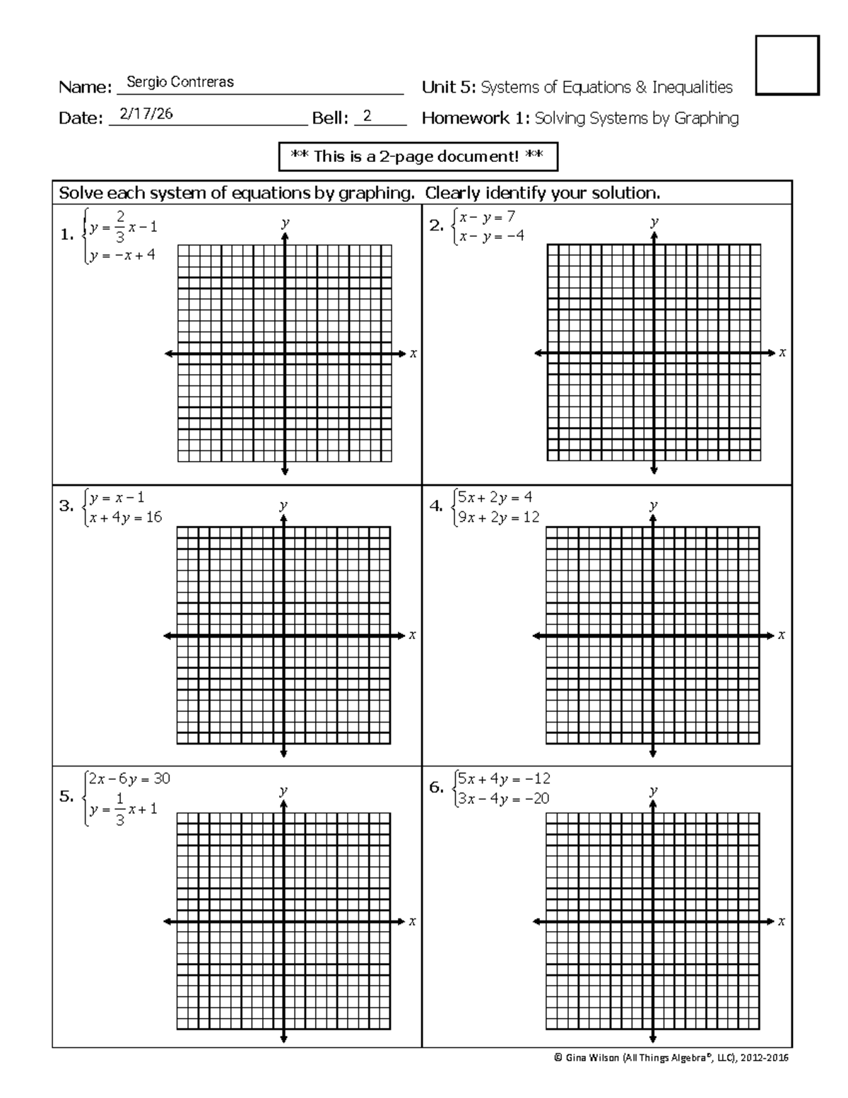 Unit 5: Systems of Equations & Inequalities - Graphing Homework - Studocu