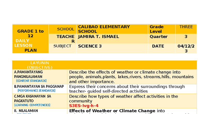 Science 3 COT 2 - Detailed Daily Lesson Plan for Grade 3 - Studocu