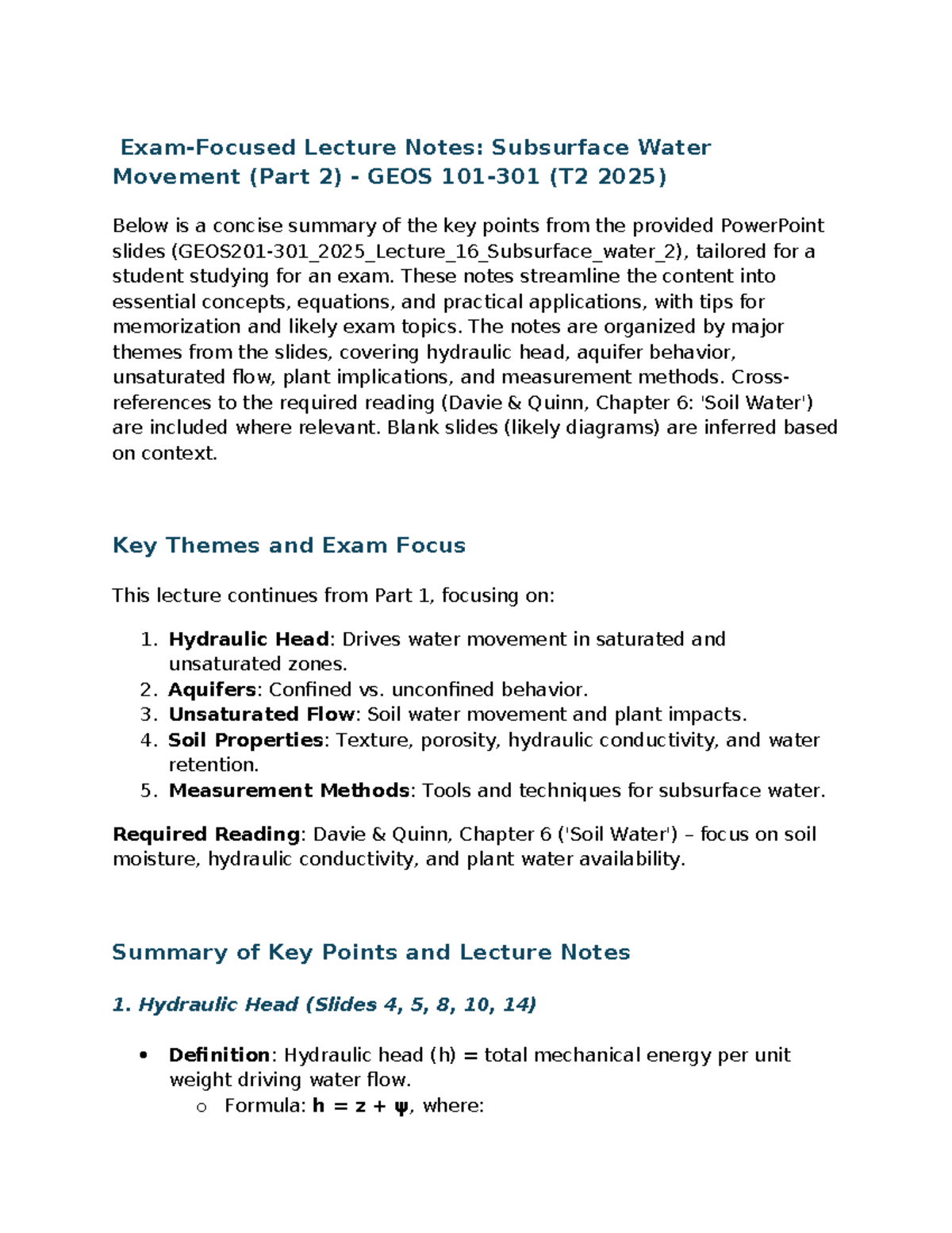 Lecture Notes: Subsurface Water Movement (Part 2) GEOS201 - Studocu