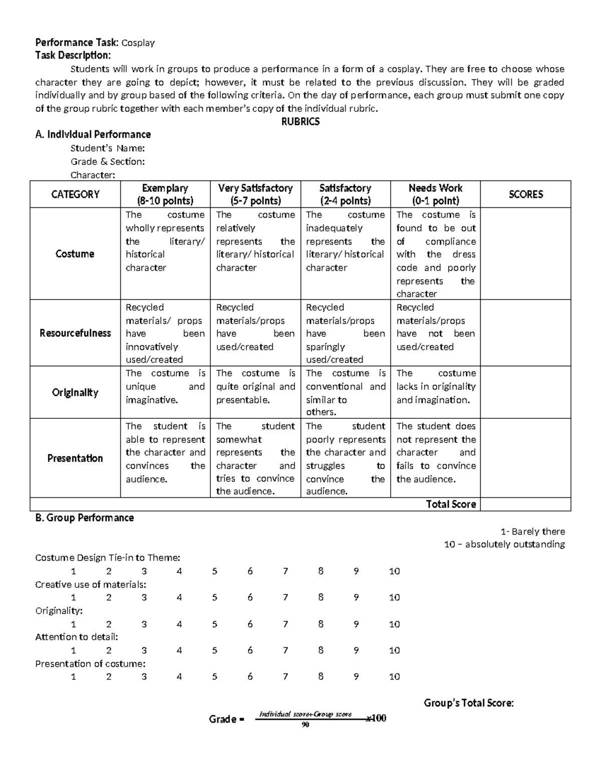 Cosplay Performance Rubric - Assignments for Group Task - Studocu