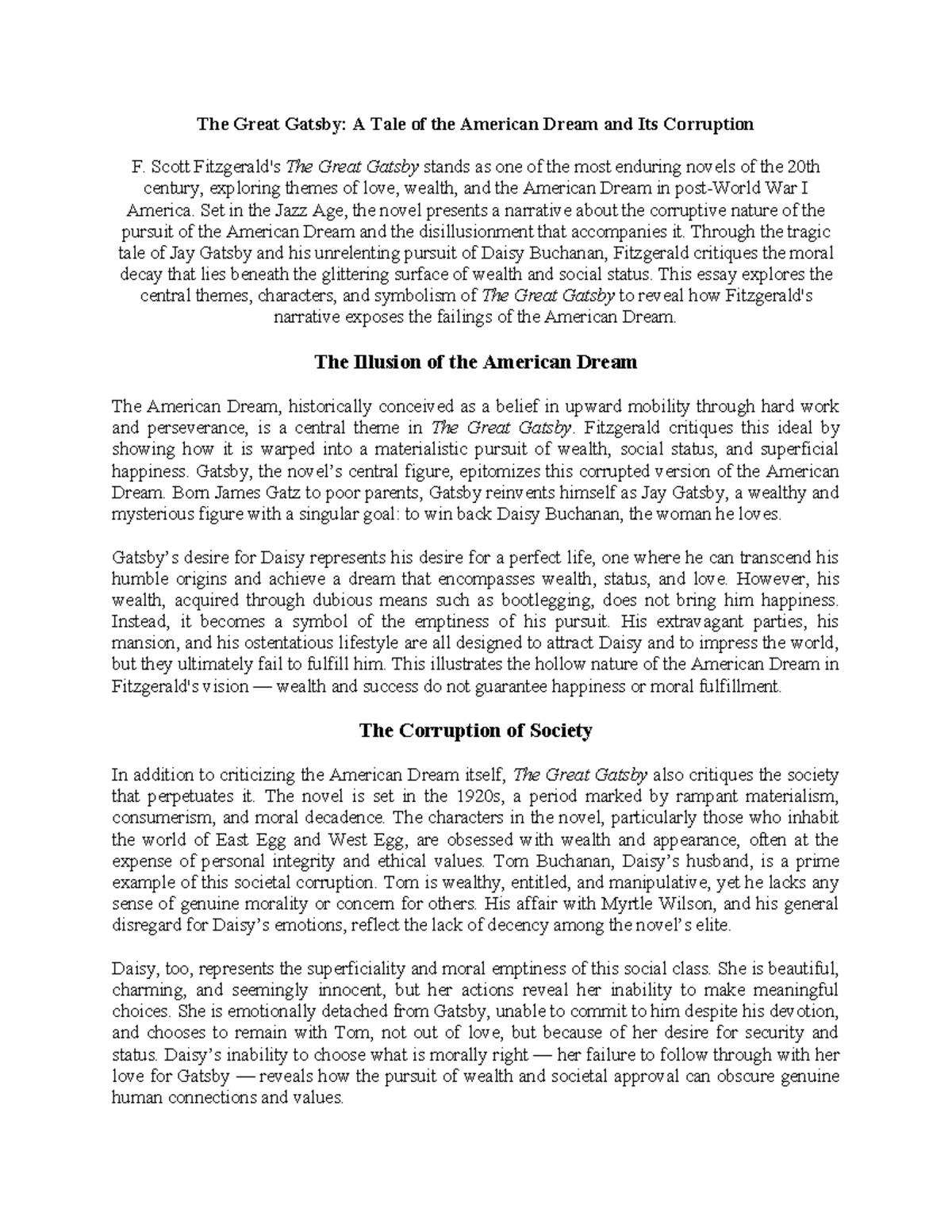 ENG 201 - Reflective Essay on The Great Gatsby's American Dream - Studocu