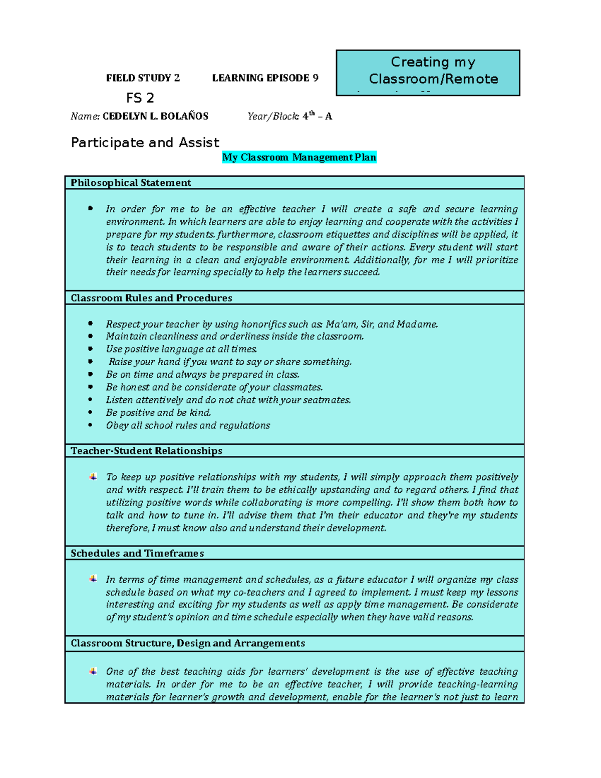 FS 2 EP. 9 - Classroom Management Plan for Effective Teaching - Studocu