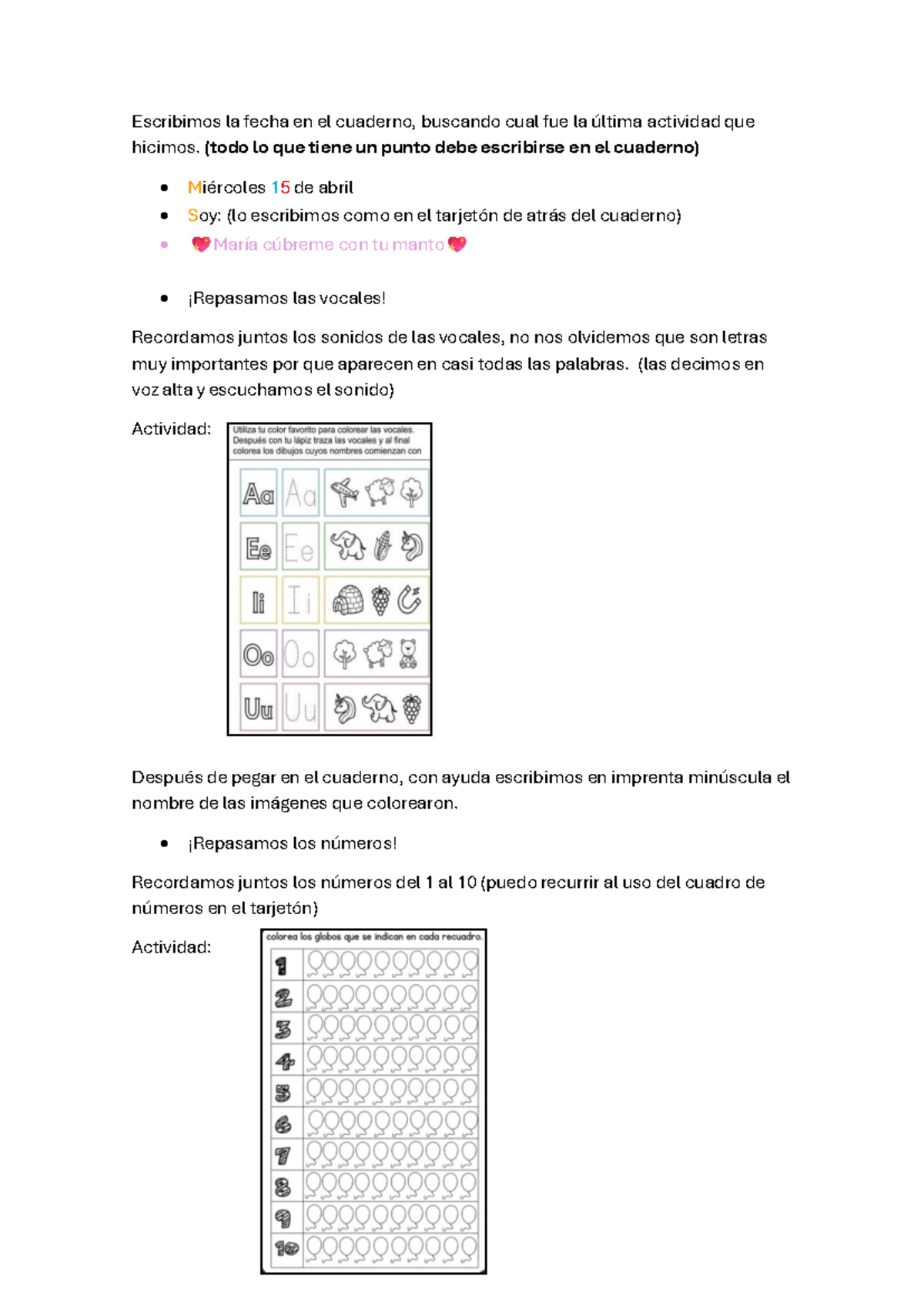 Material de Estudio: Actividades de Vocales y Números - Miércoles 15/04 ...