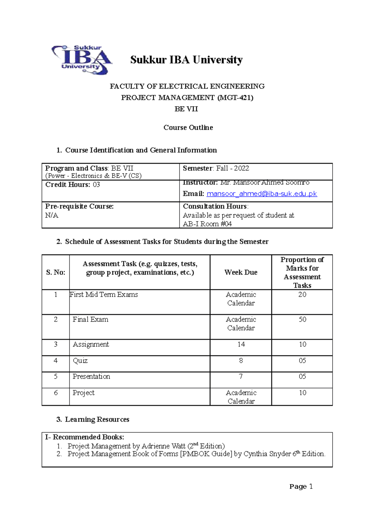 Project Management Course Outline (MGT-421) - Fall 2022 - Studocu