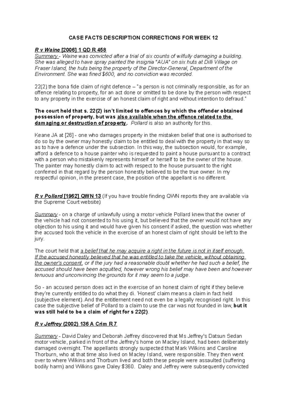 CASE STUDY CORRECTIONS FOR WEEK 12: R v Waine & Others - Studocu