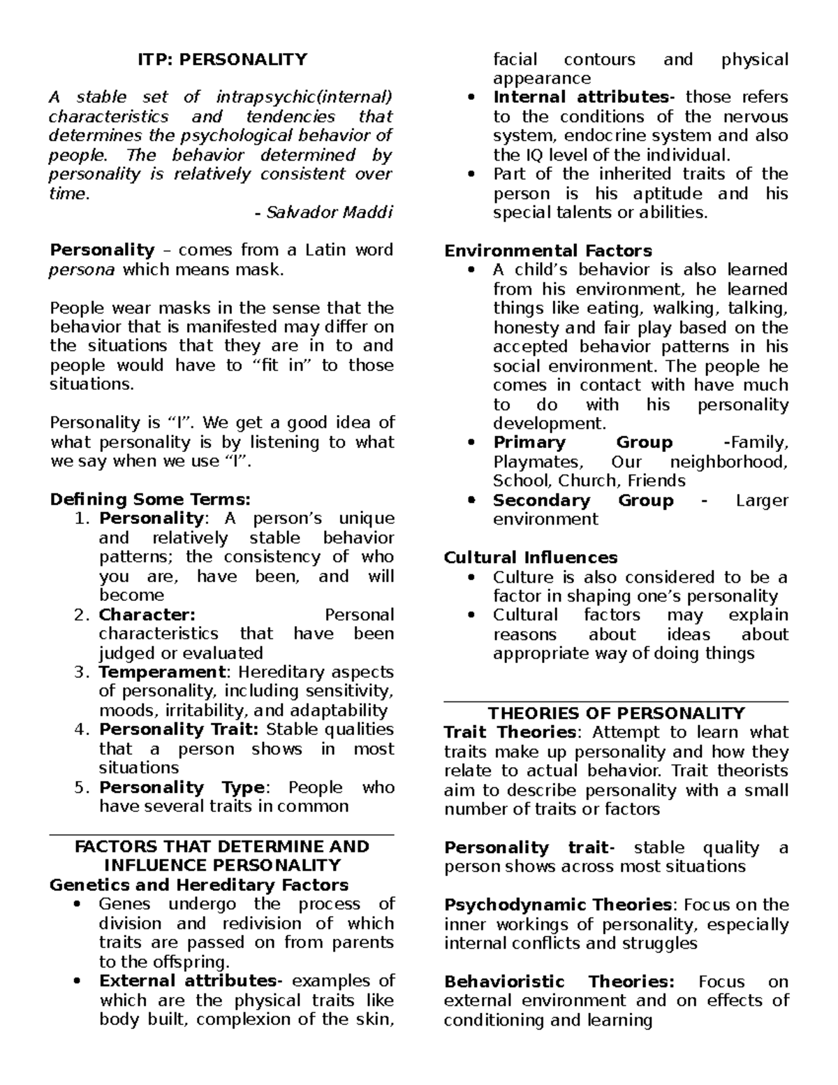 Personality ( Handout VER - ITP: PERSONALITY A stable set of ...