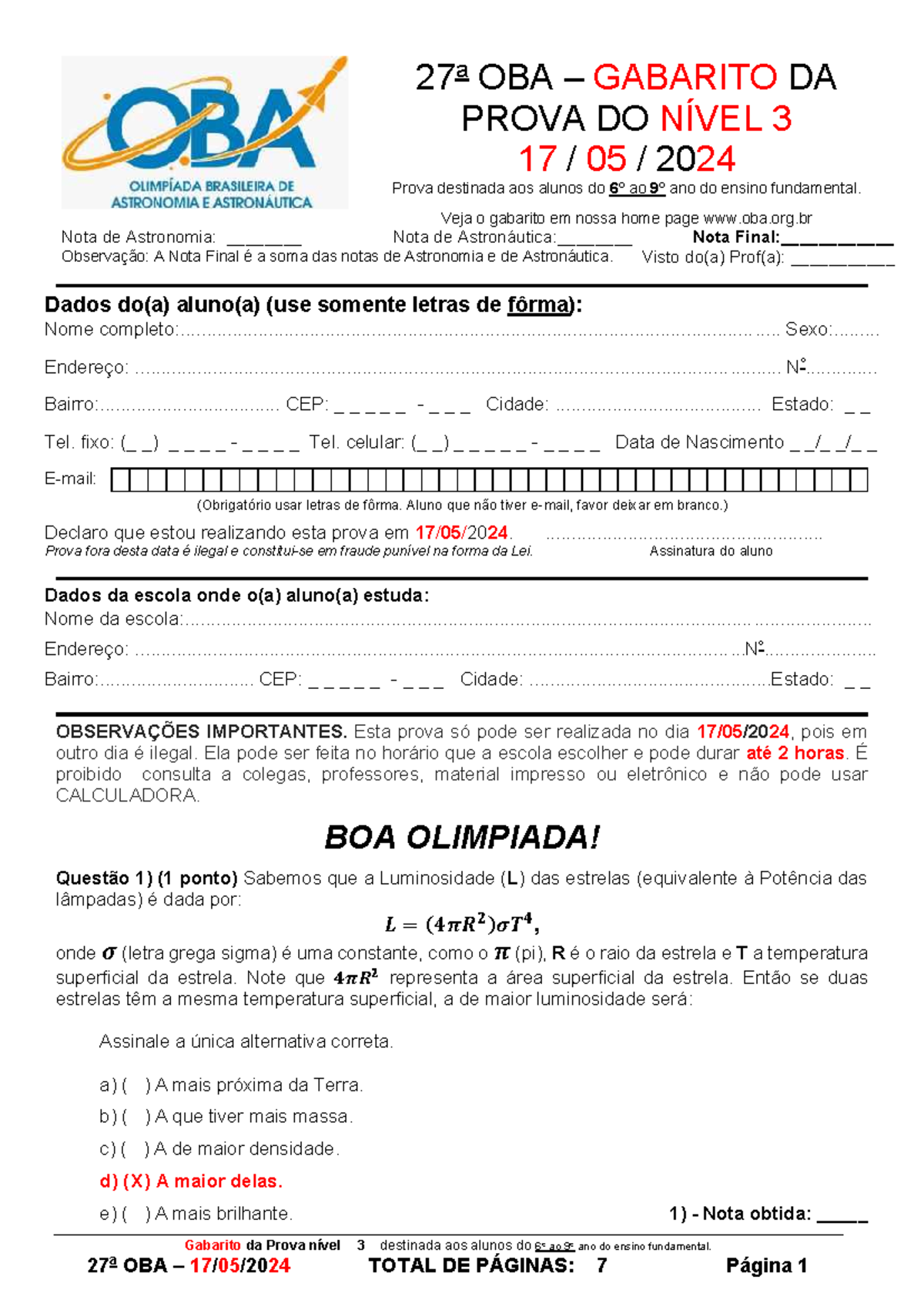 Gabarito da Prova Nível 3 - 27 OBA 2024 para Alunos do 6º ao 9º Ano ...