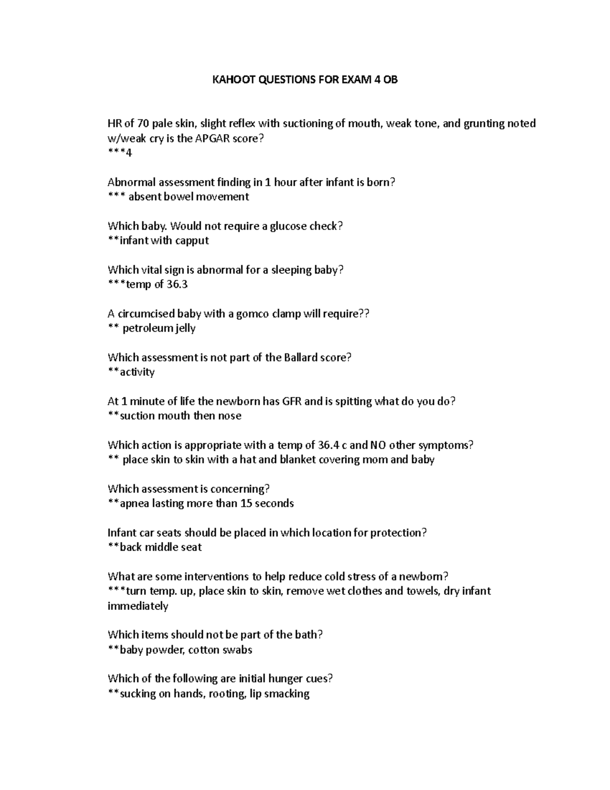 Kahoot Questions for OB Exam 4 Review & Study Guide - Studocu