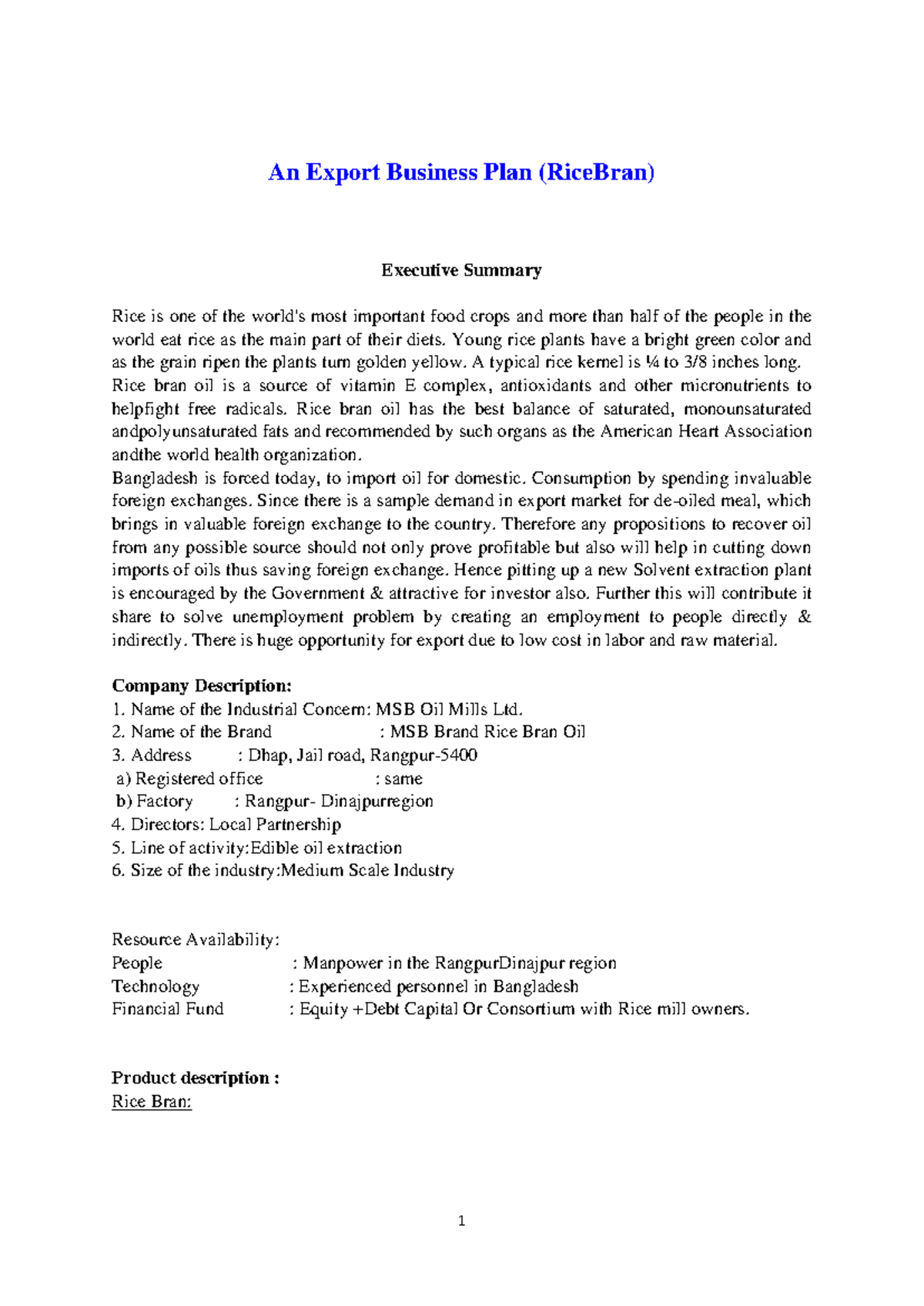 An Export Business Plan Rice Bran - An Export Business Plan (RiceBran ...