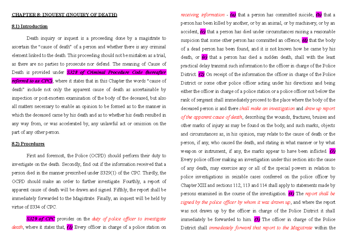 CPC Case Study: Chapter 8 - Inquest Procedures and Findings - Studocu
