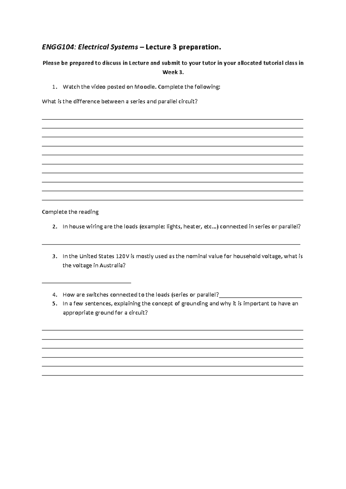 ENGG104: Electrical Systems Lecture 3 Prep - Practice Questions - Studocu