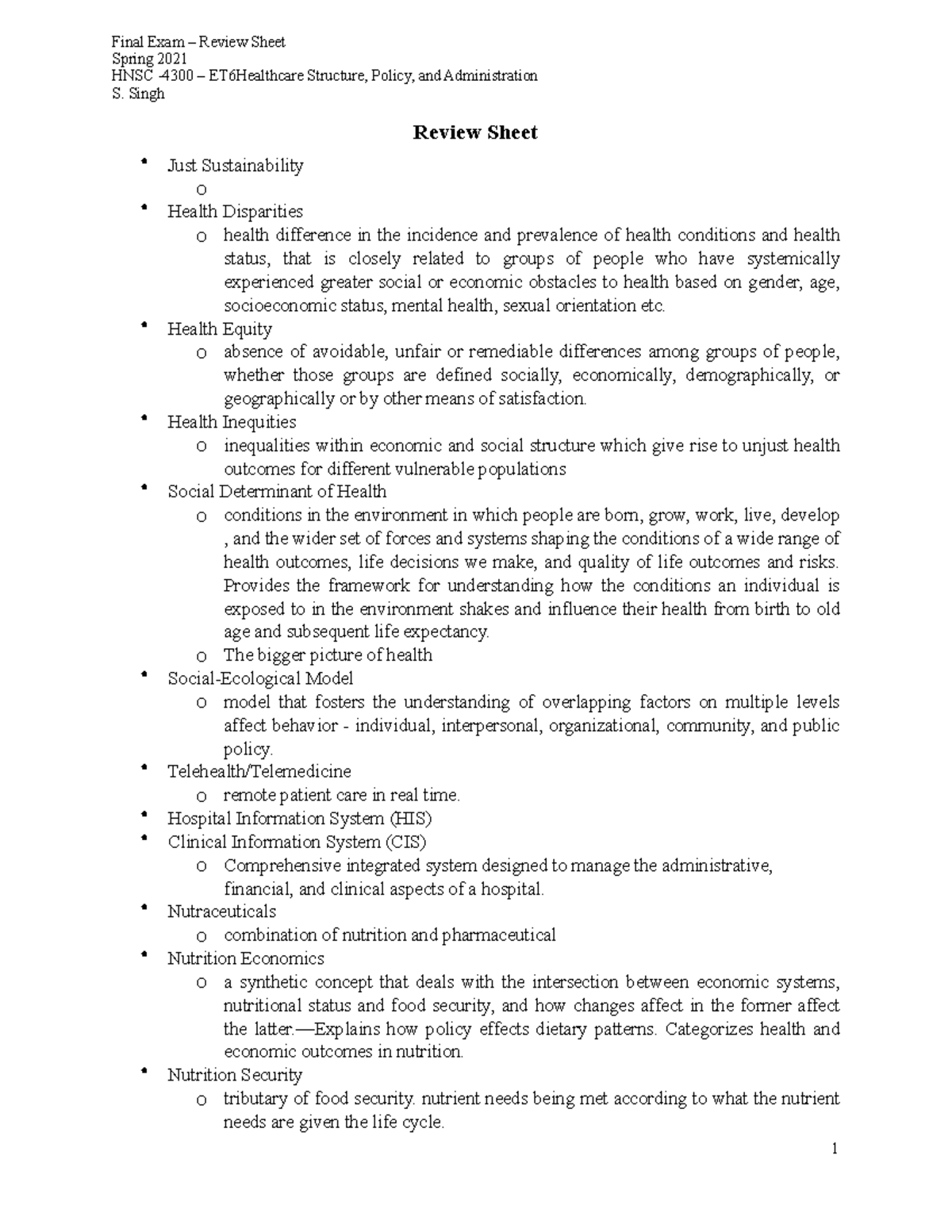 HNSC 4300 - Final Exam -Spring 2021 - Review Sheet - Spring 2021 HNSC ...