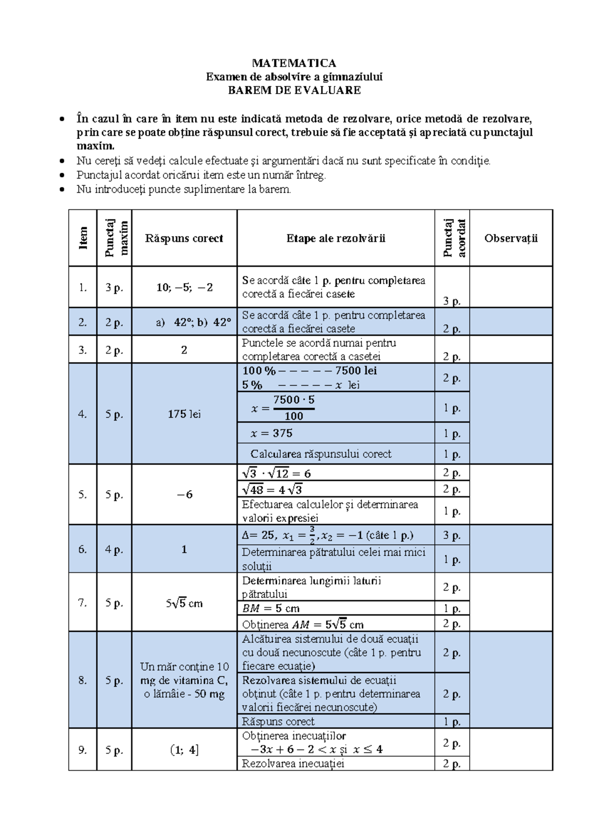 MATEMATICA Examen de absolvire gimnazială - Barem de evaluare - Studocu