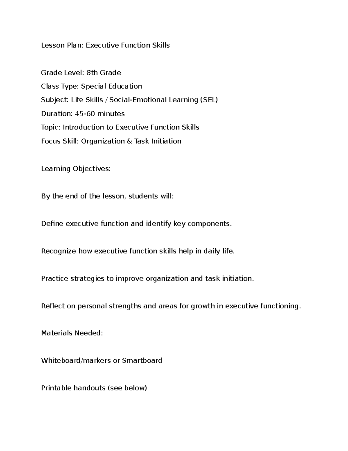 Lesson Plan: Executive Function Skills for 8th Grade Special Ed - Studocu