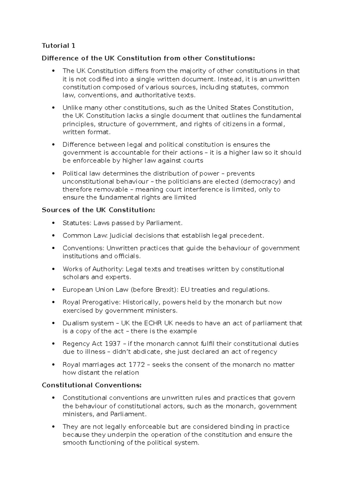 Tutorial 1: Key Differences of the UK Constitution Explained - Studocu