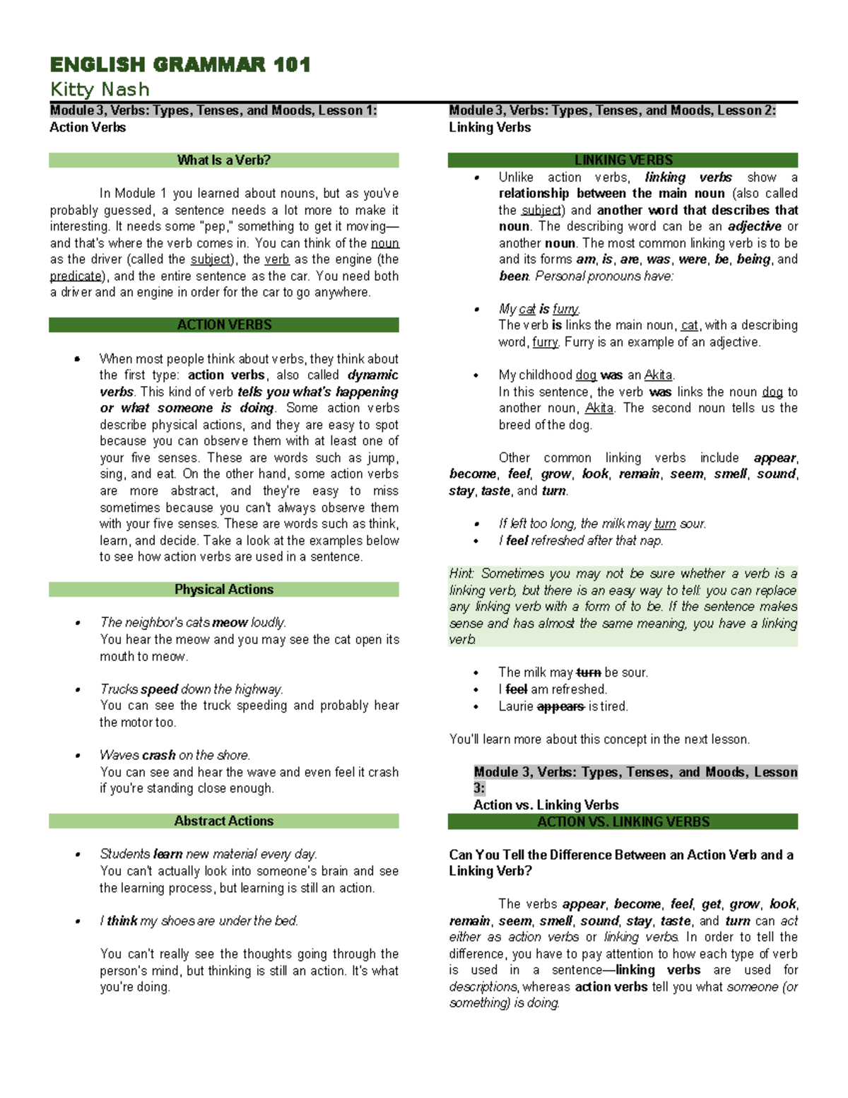 ENGLISH GRAMMAR 101: Module 3 - Verbs, Tenses, and Moods Overview - Studocu