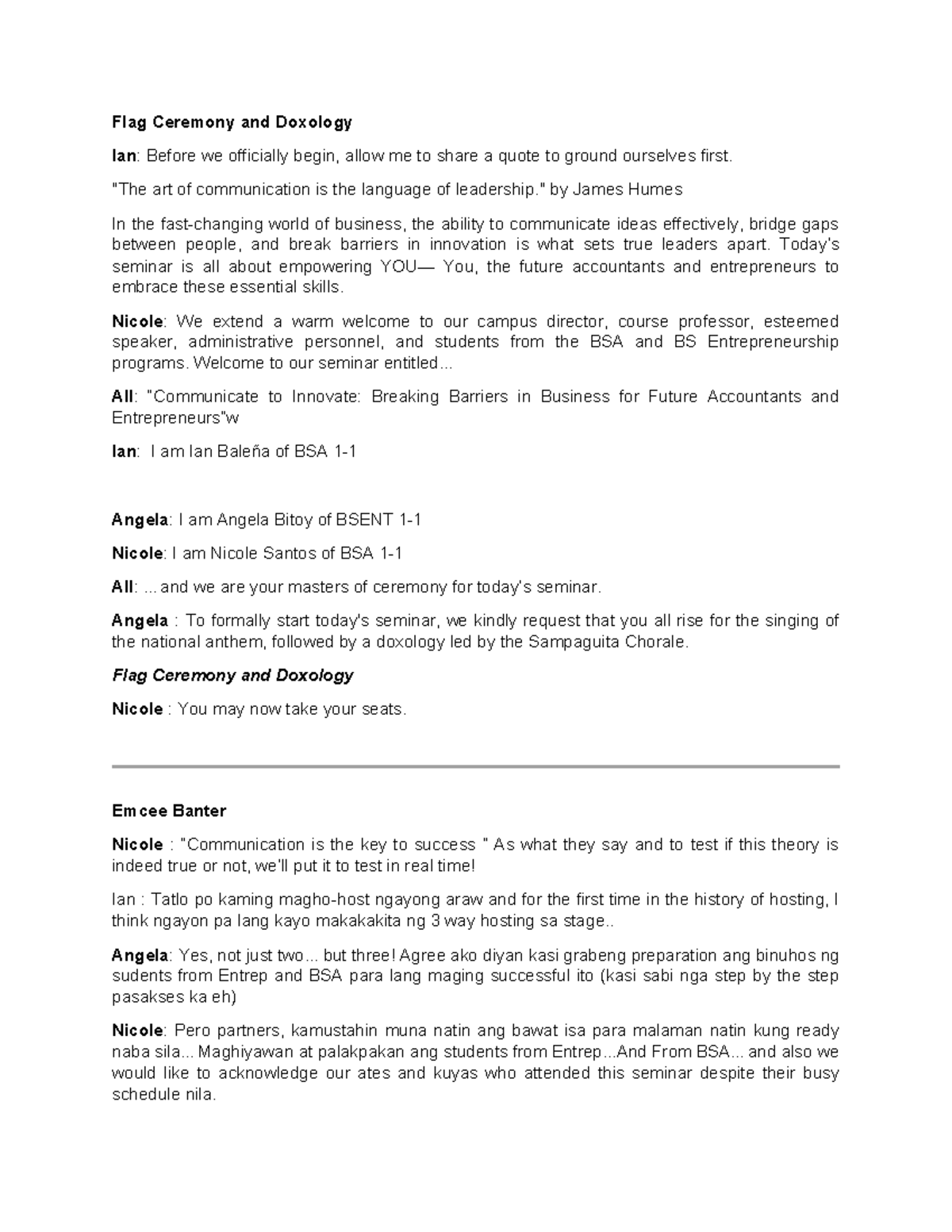 Emcee Script for Seminar: Innovate & Break Barriers in Business - Studocu