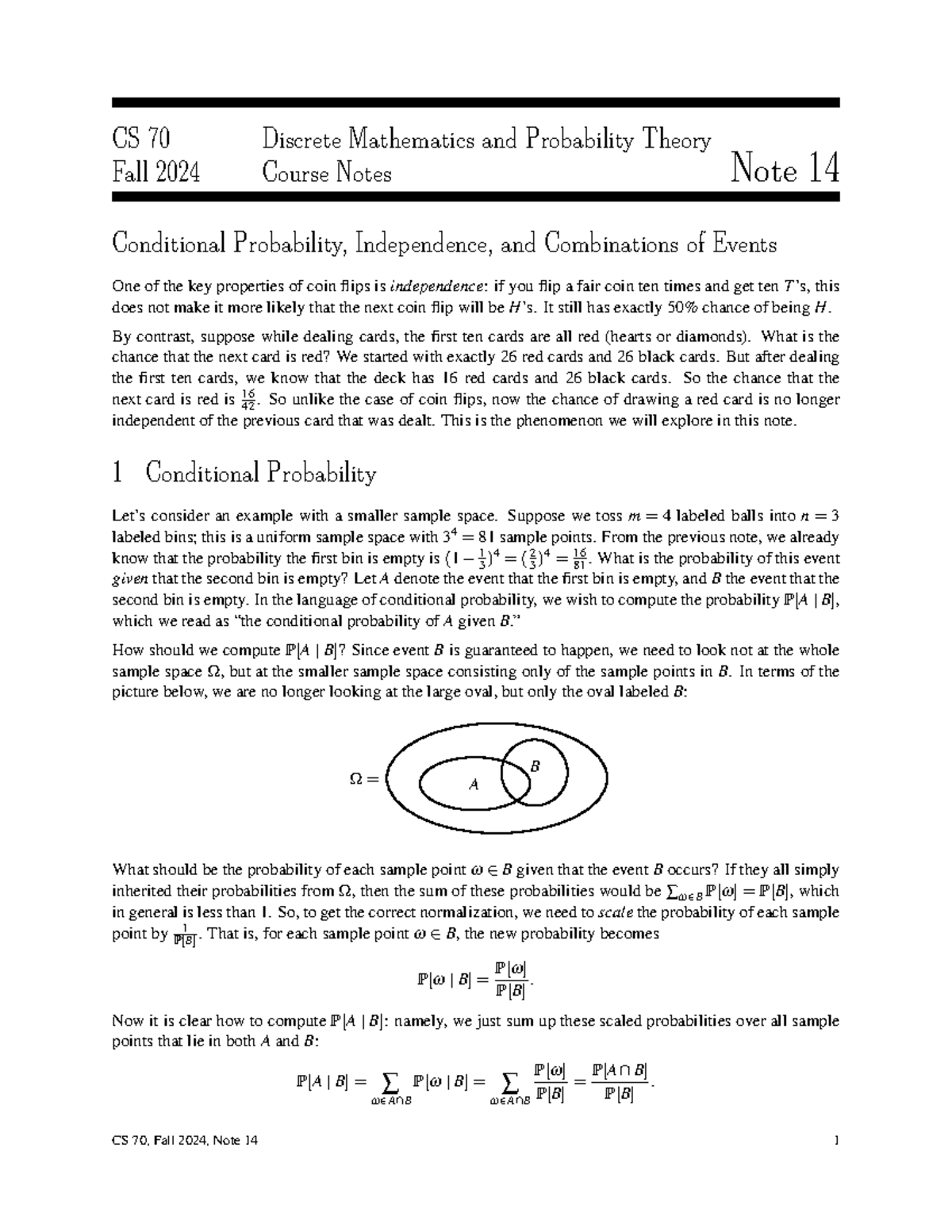 CS 70 Fall 2024: Conditional Probability and Bayes' Rule Notes - CS 70 ...