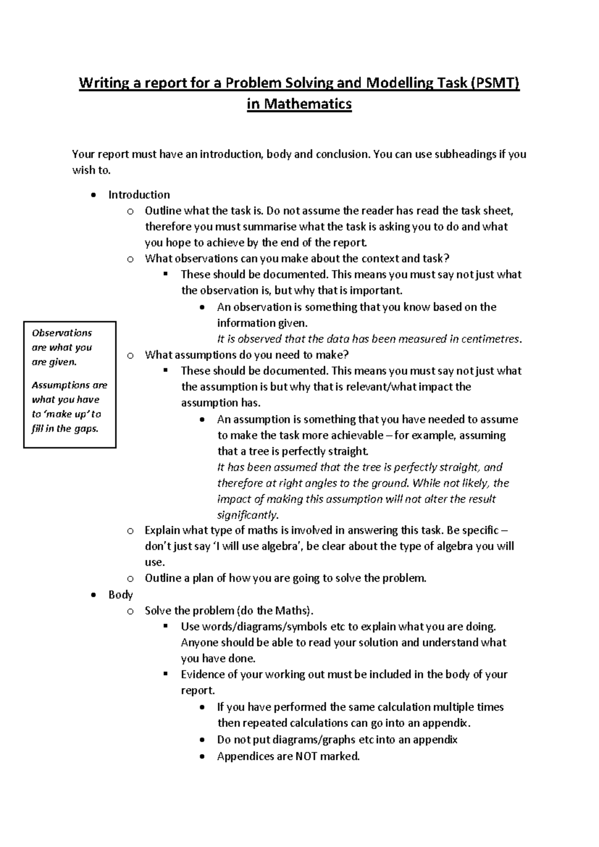 Guidelines for Writing a Report for PSMT in Mathematics - Studocu