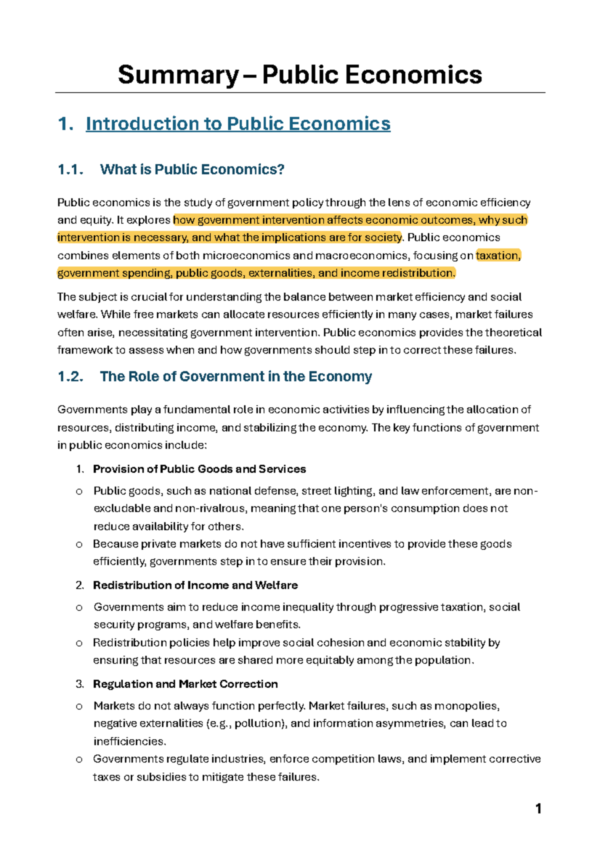 Summary of Public Economics (ECO 101) - Key Concepts and Government ...
