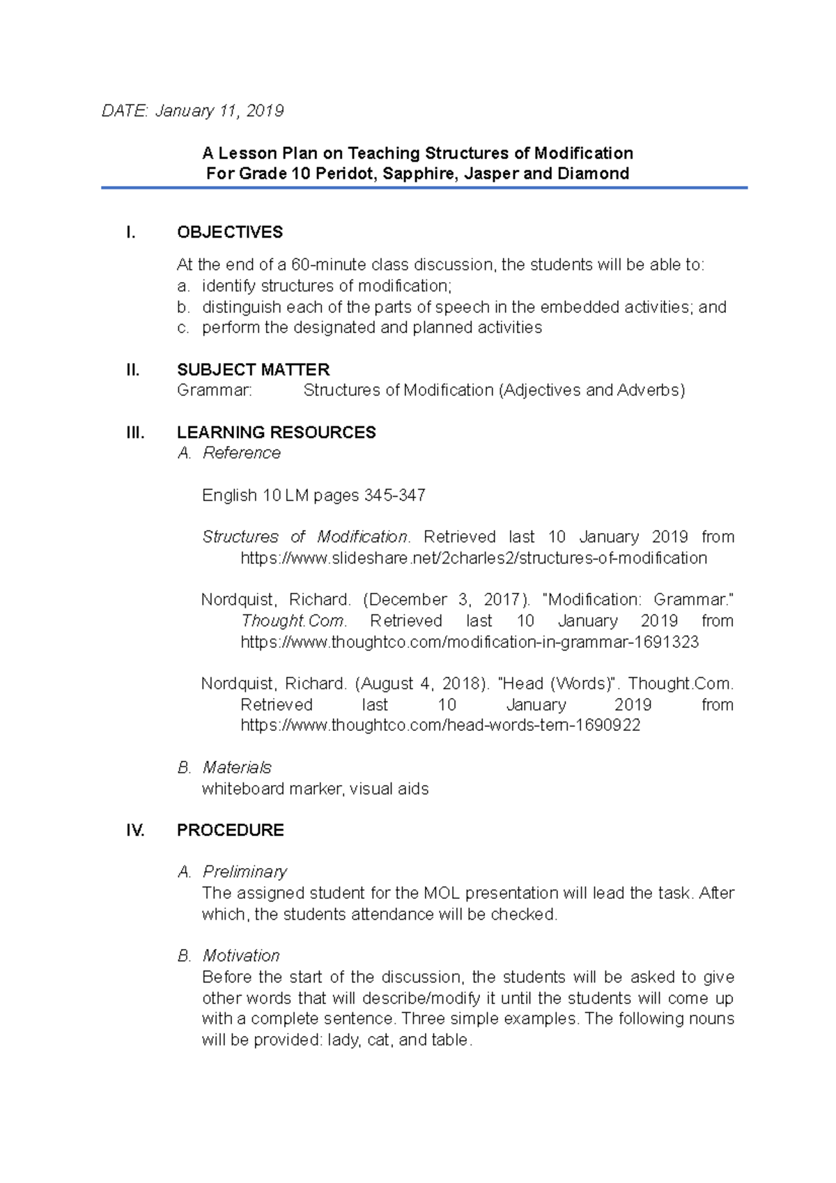 Grade 10 English - Lesson Plan: Structures of Modification - Studocu