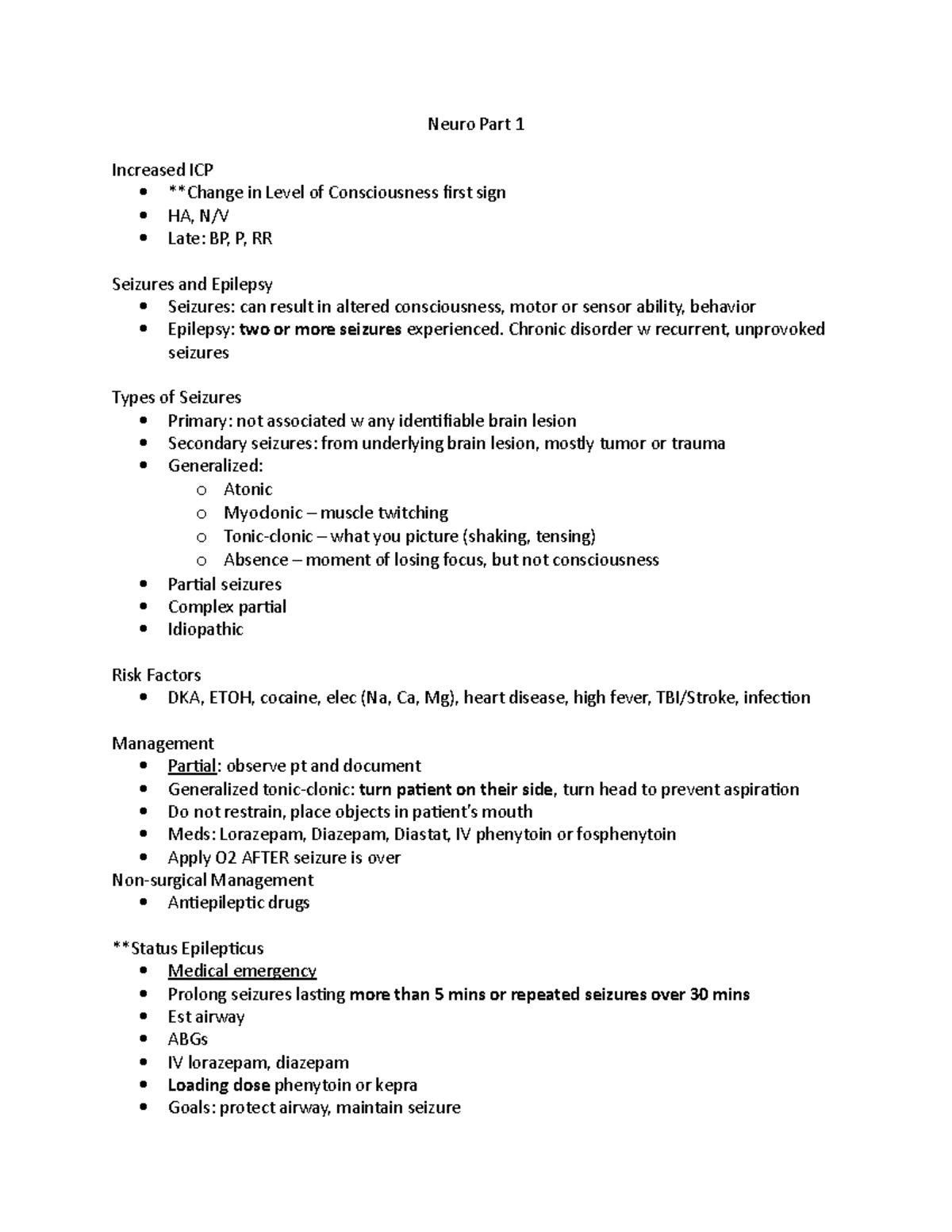 Neuro Part 1 Notes - Seizures and Epilepsy, Status Epilepticus, Stroke ...