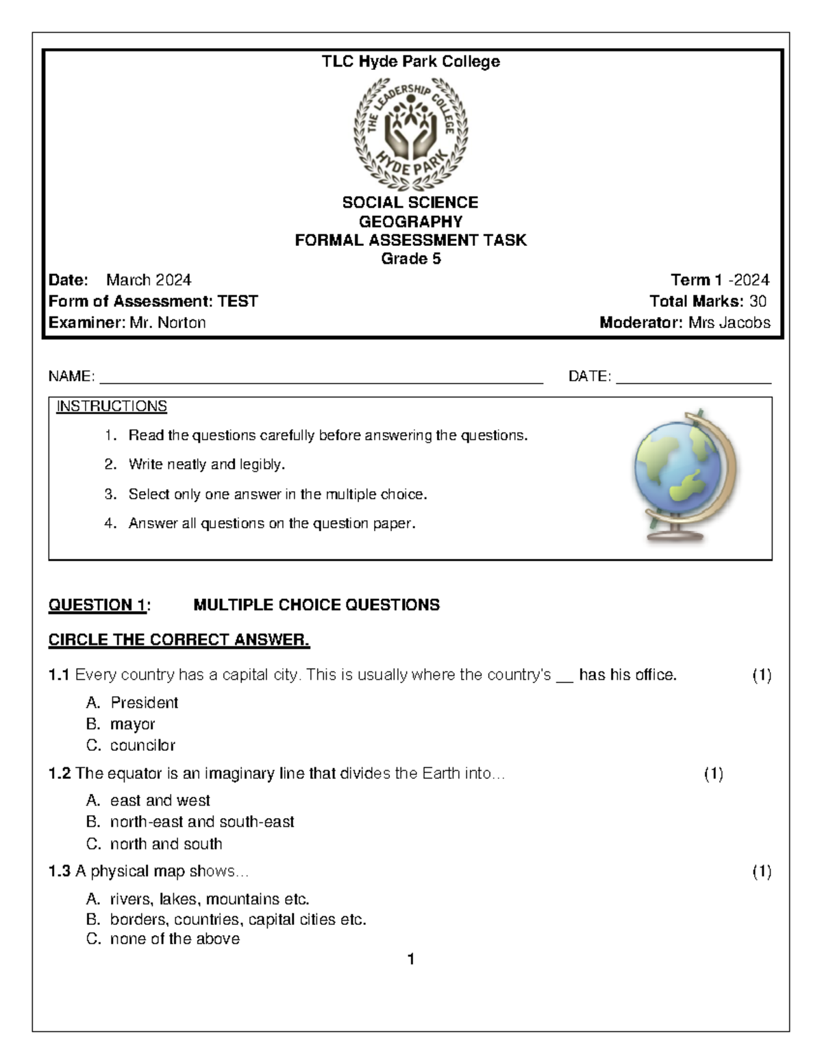 Grade 5 Geography test term 1 - TLC Hyde Park College SOCIAL SCIENCE ...