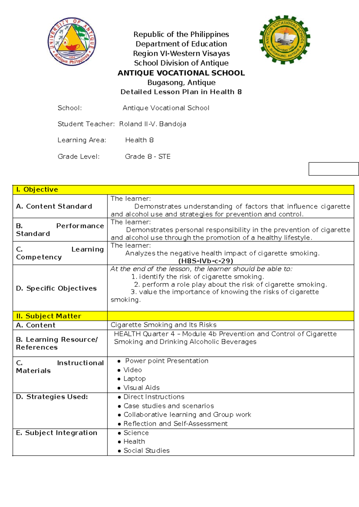 DLP 8 Final - Detailed Lesson Plan on Cigarette Smoking Risks - Studocu