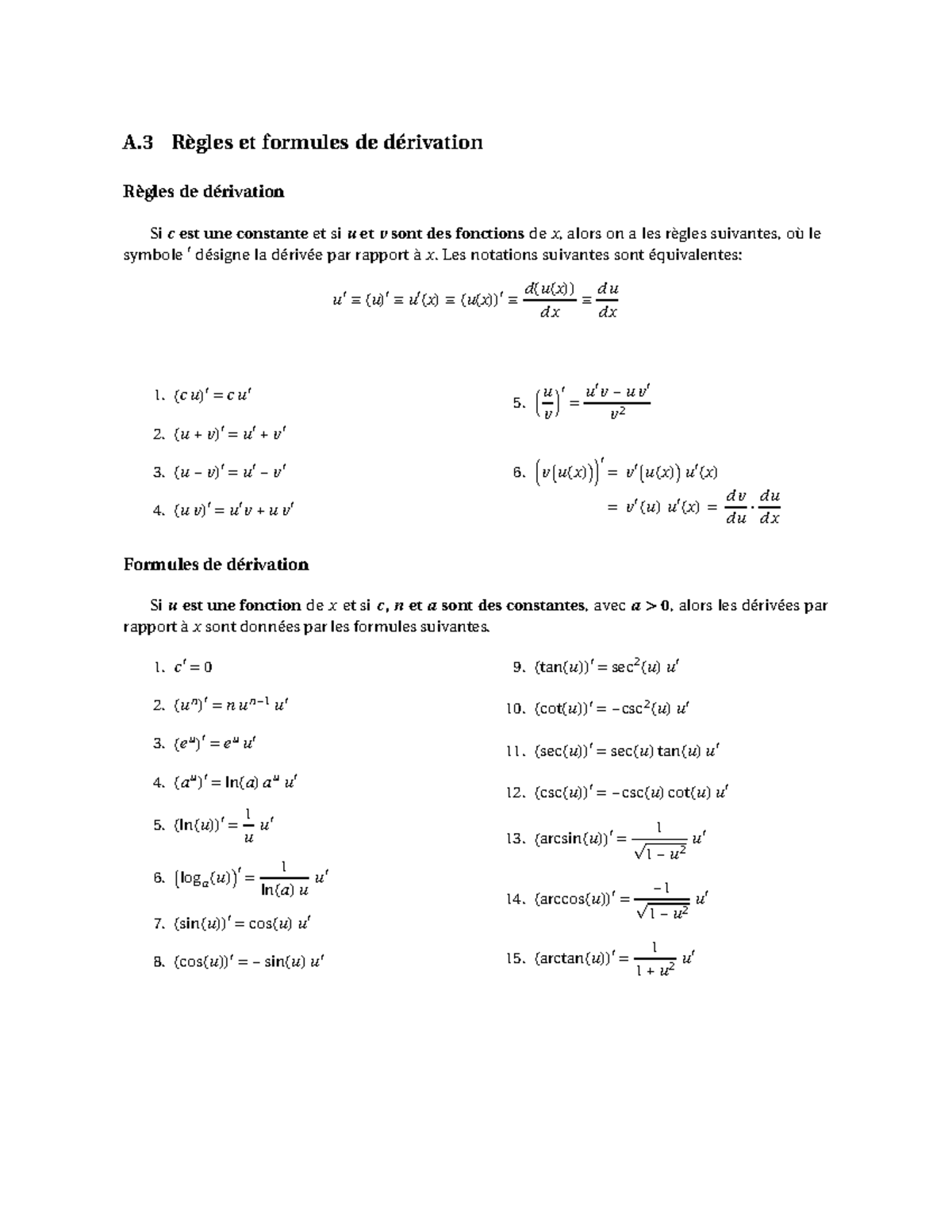 A.3 Règles et Formules de Dérivation - Feuille Résumé - Studocu