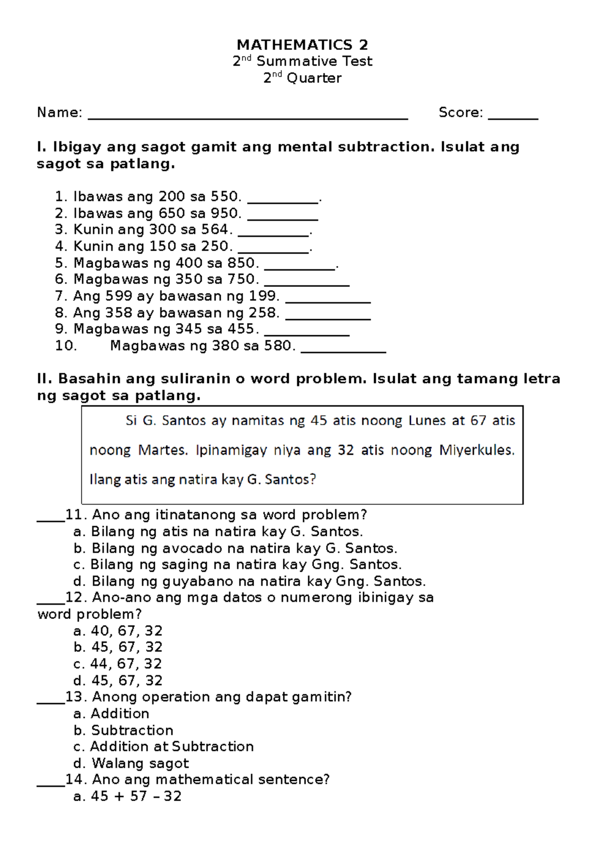 MATH2 2nd Summative Test Q2 - Mental Subtraction Exercises - Studocu