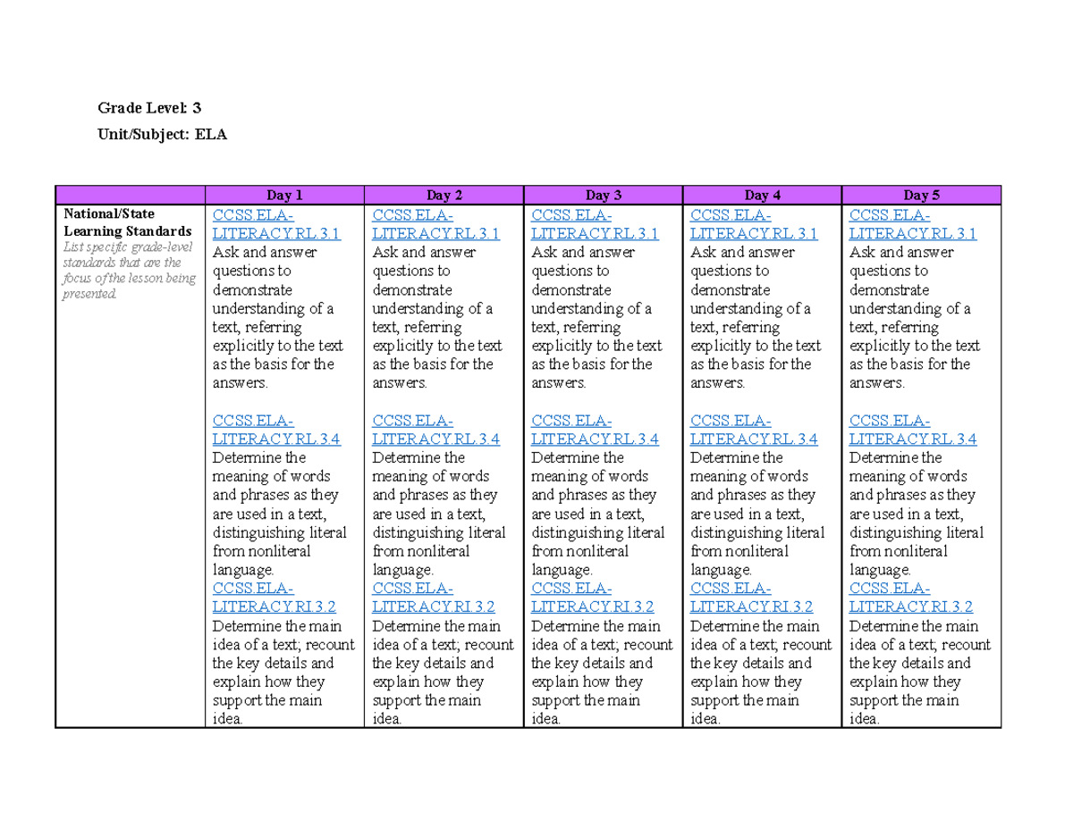 ELA Lesson Plan week 5 - Grand Canyon University - Grade Level: 3 ELA ...
