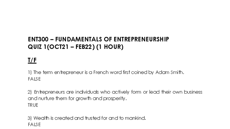 QUIZ 1: ENT300 FUNDAMENTALS OF ENTREPRENEURSHIP (OCT21) - Studocu
