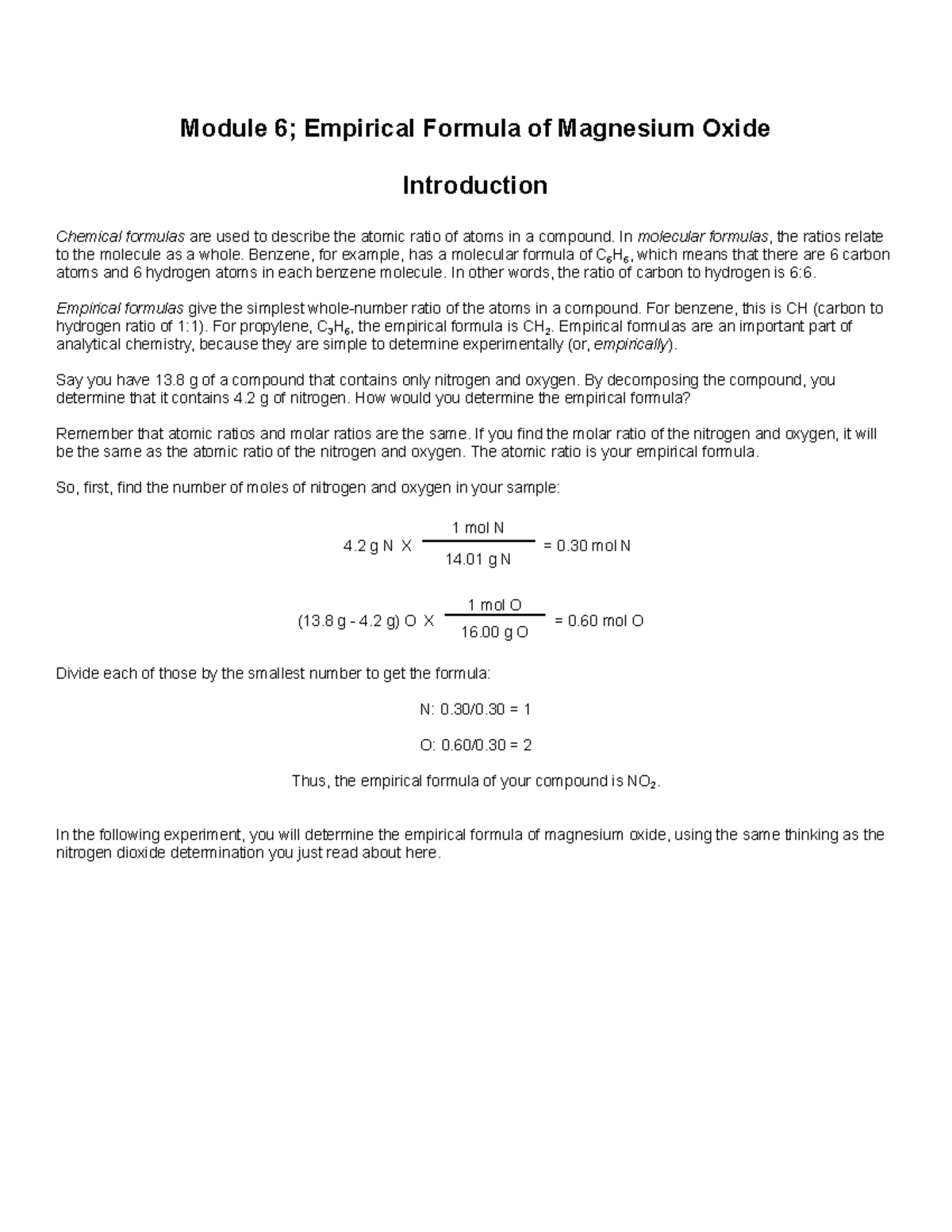 Module 6: Empirical Formula Determination of Magnesium Oxide - Studocu