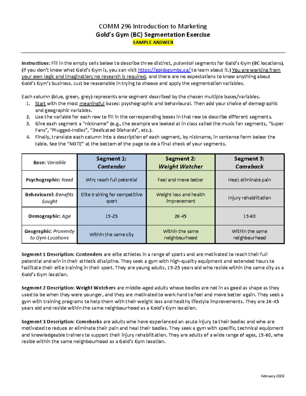 C296 Gym (BC) Segmentation Exercise: Sample Answer Guide - Studocu